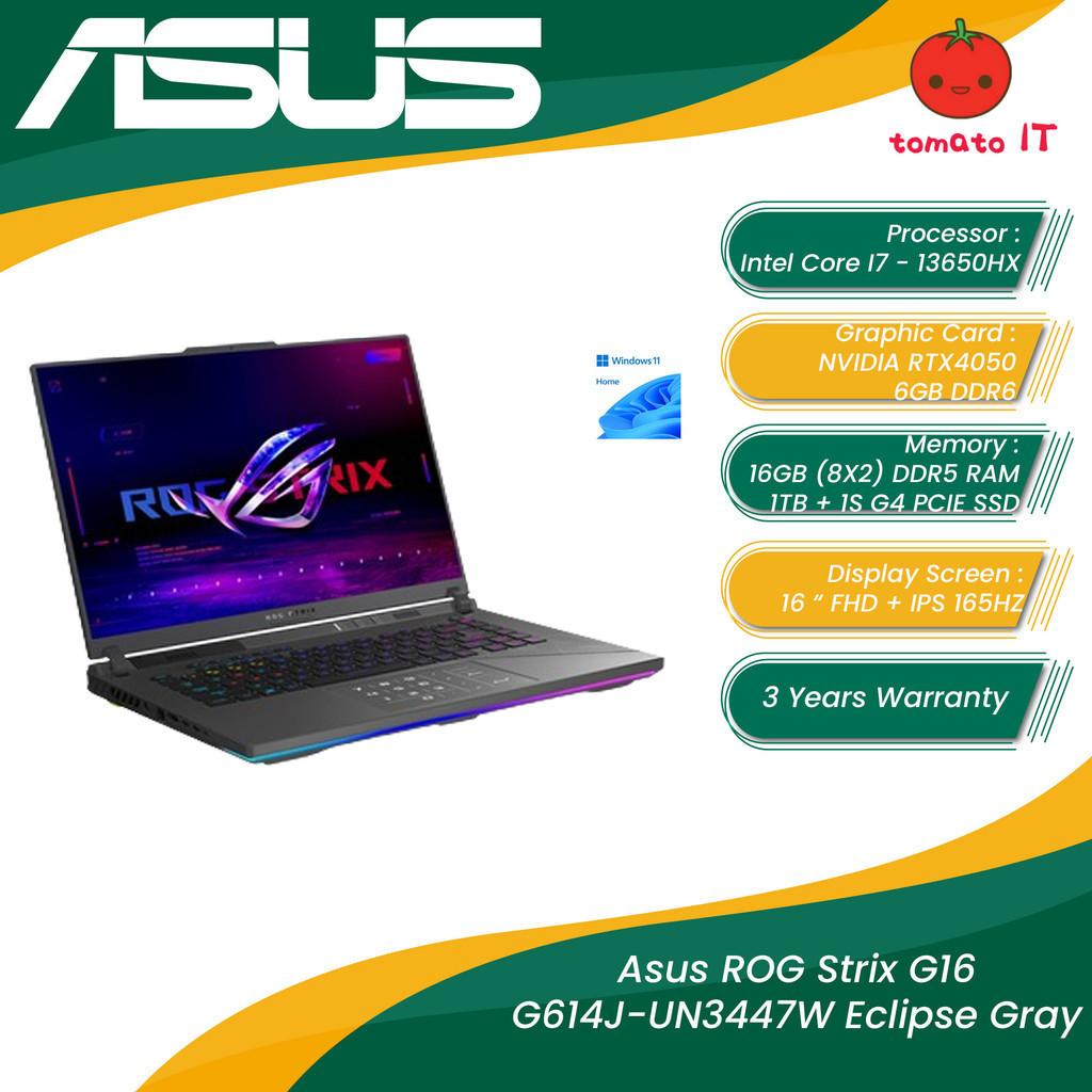 ASUS ROG STRIX G16 G614J-UN3447W (I7-13650HX/16GB DDR5/1TB NVME + 1Slot/RTX4050 6GB DDR6 ...