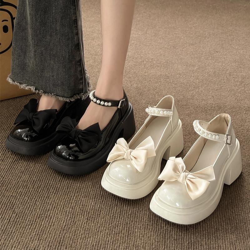 Girls' Low Cut Flat Shoes With Pearl 2023 Black Heels Rubber Leather ...