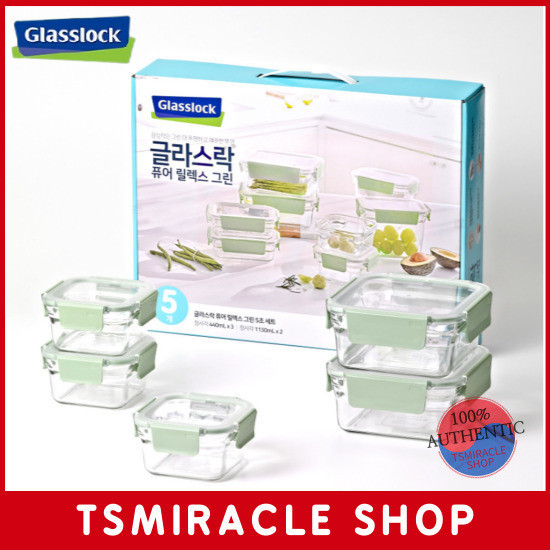 Glasslock Pure Relax Green Glass Airtight Container 5P Set (440ml 3P ...