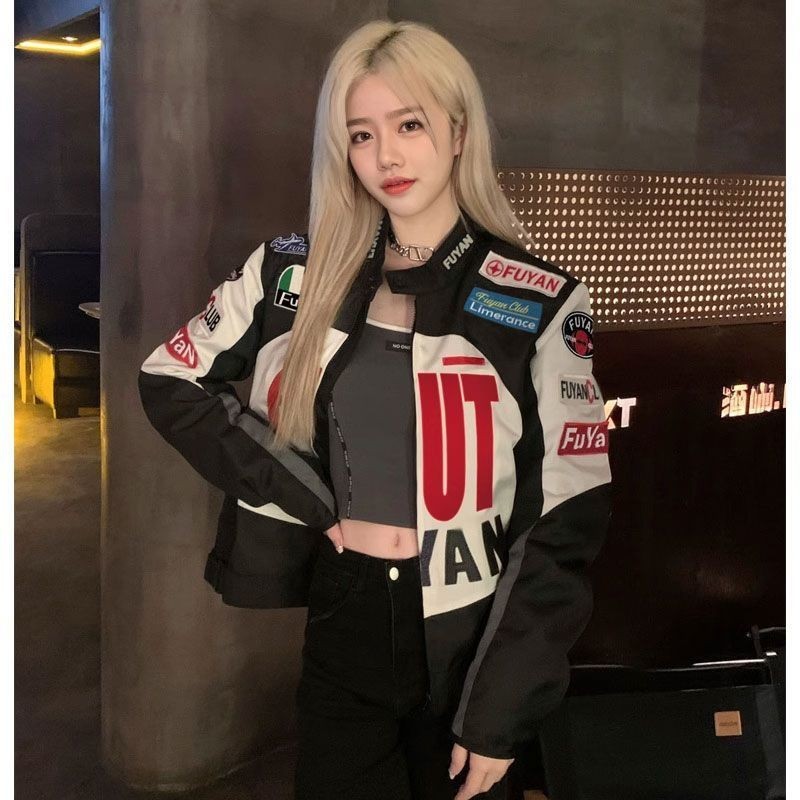 Fuyan Women Men Motorcycle Jacket Vintage Loose Baseball Jacket ...