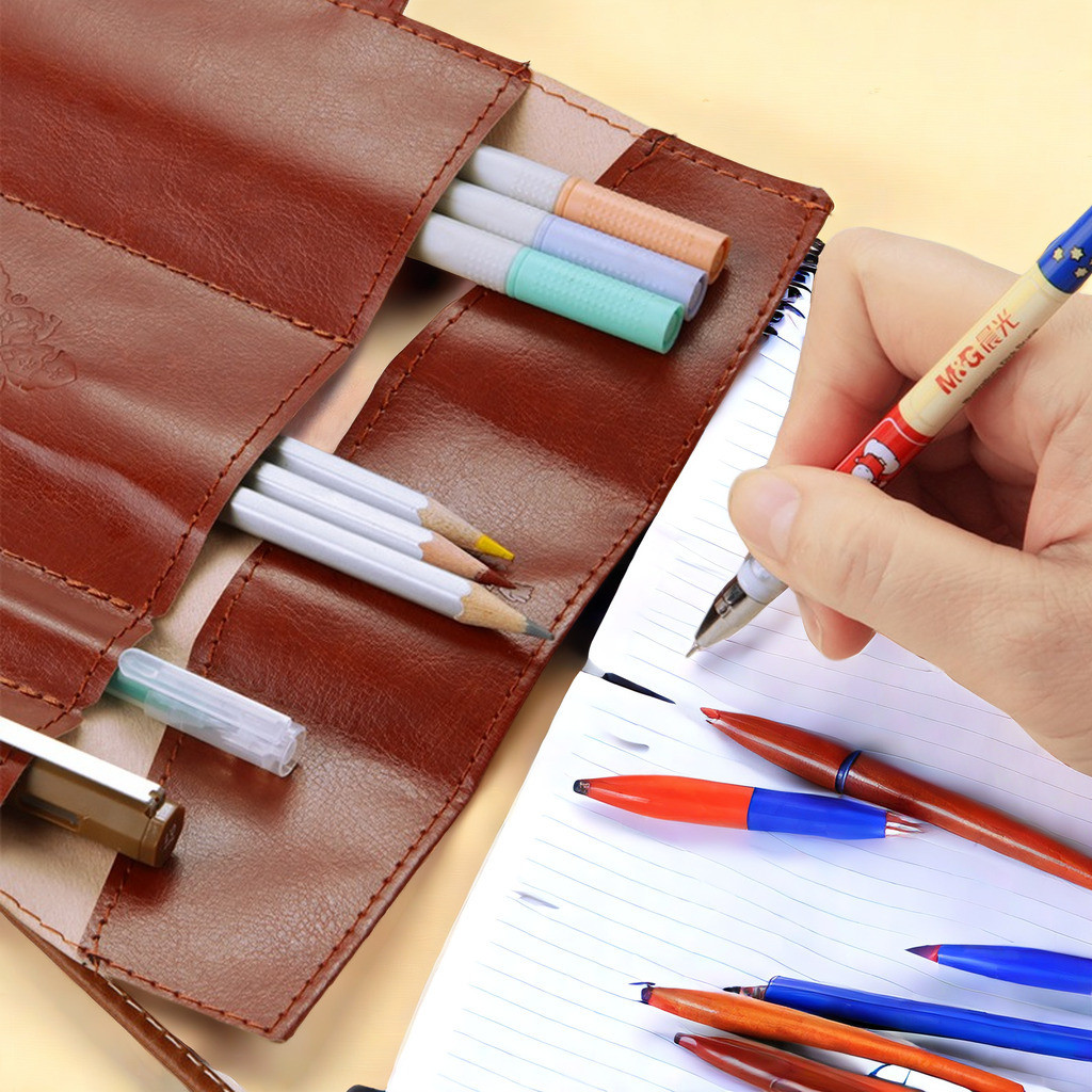 Leather Foldable Student Retro Pencil Case Pencil Crayon Storage Box ...
