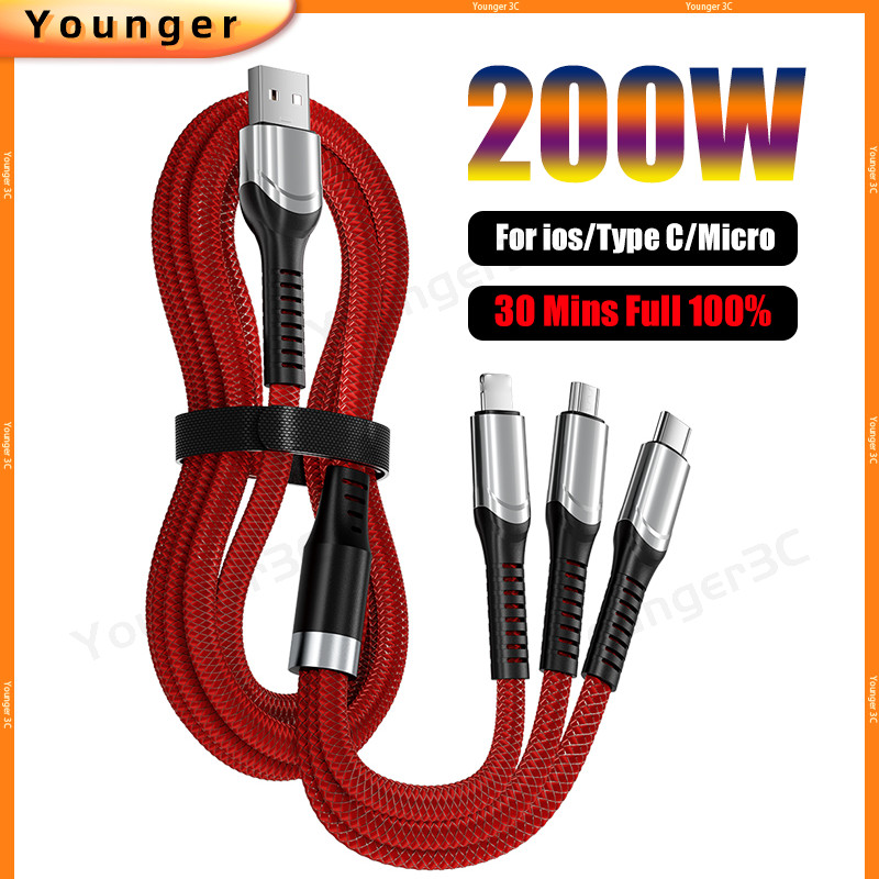 200W Duckbill Super Fast Charge Cable 3 In 1 Zinc Alloy Charger Cord 6A ...