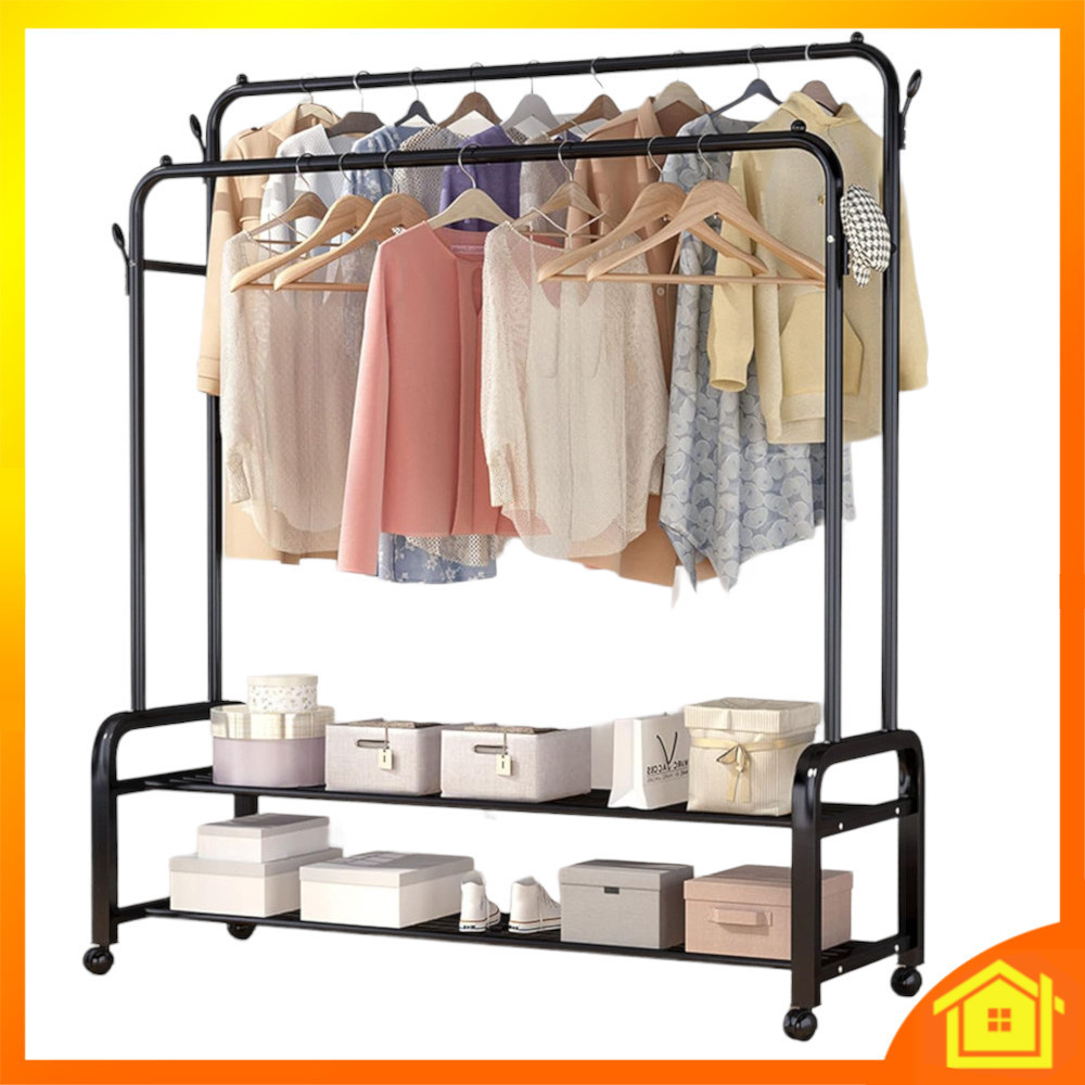 Double Pole Garment Rack Hanging Clothes Cloth Hanger Stand Wheel Rak ...