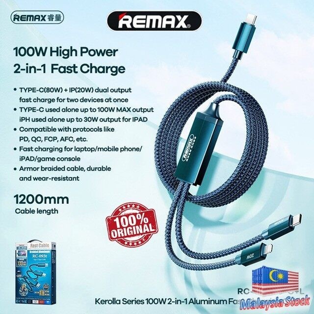 Original Remax Cable 2 in 1 Cable Fast Charging 100W Type C to Type C ...