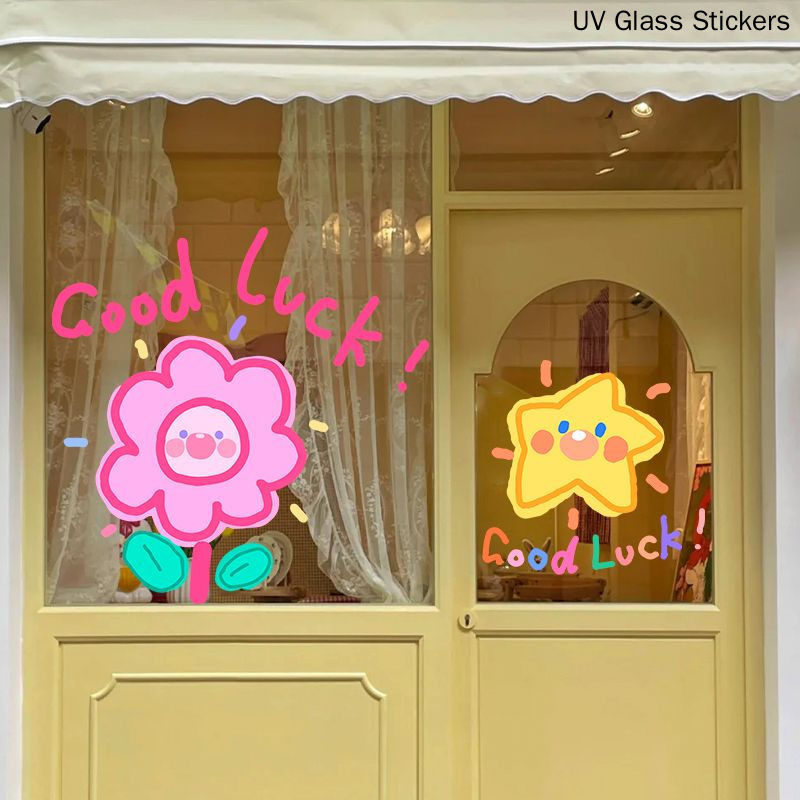 Cartoon Smiley Face Stars Flower Decoration Window Stickers Glass Door ...