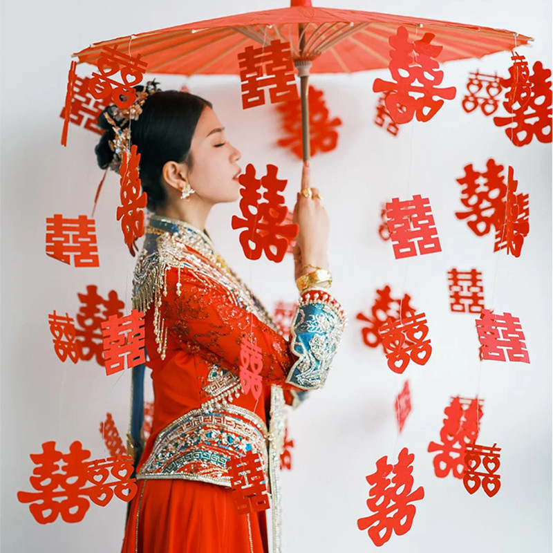 Xiaohongshu National Trendy Wedding Happy Character Red Umbrella Bridal ...
