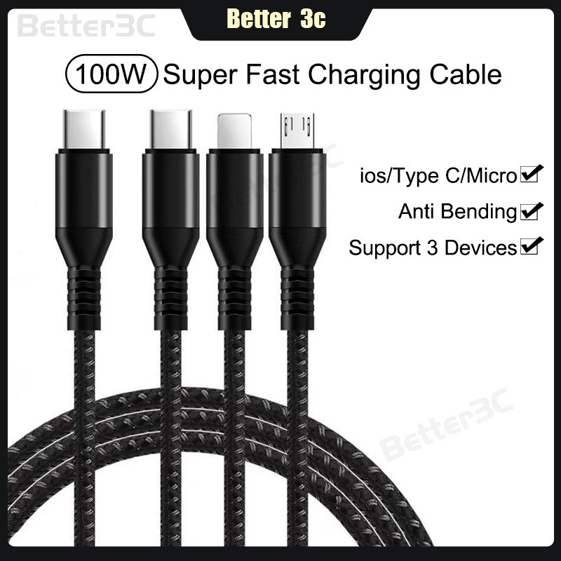 3 in 1 Nylon Weaving Anti Bending Type C to Type C Cable 100W Super ...
