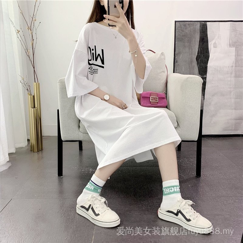 [3141 Repurchase] Pure Cotton White T-Shirt Women Long Over-the-Knee ...