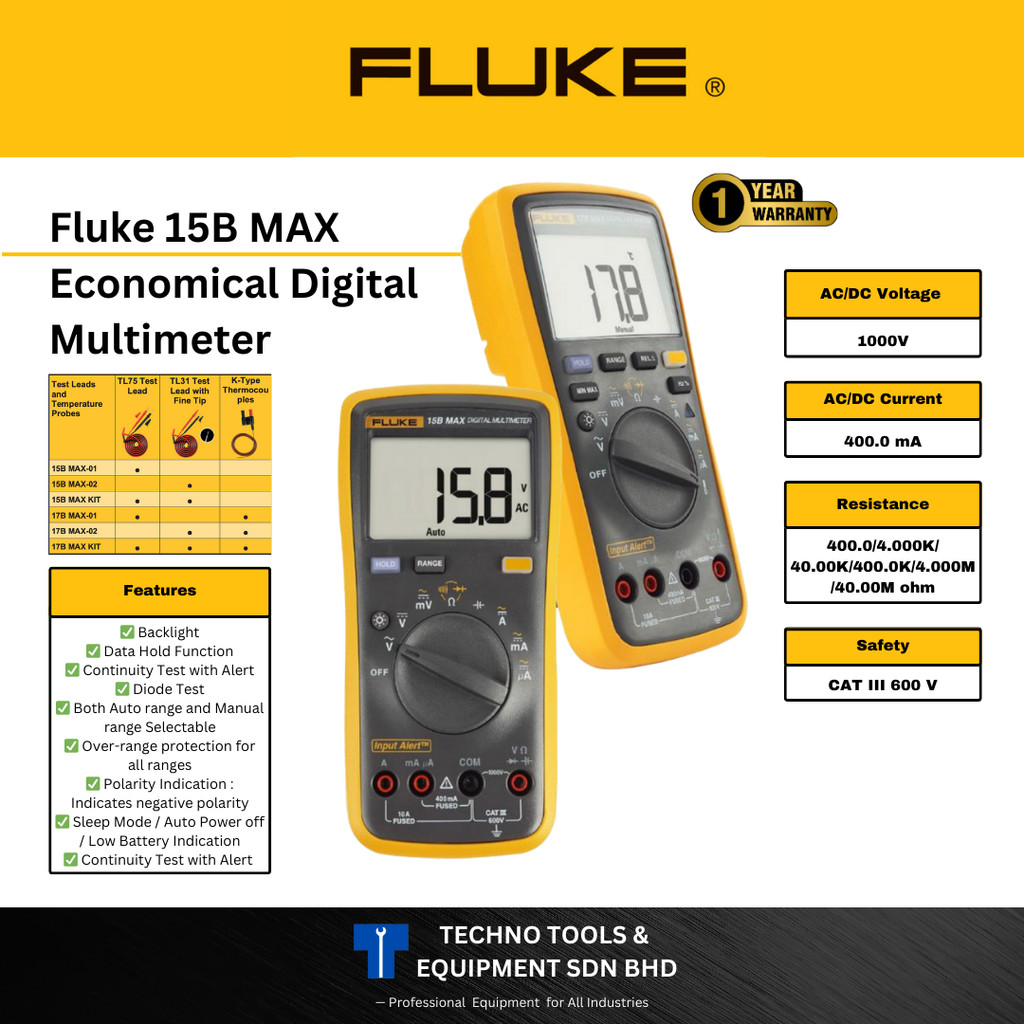 Fluke 15B MAX-01 / MAX-02 / MAX-KIT Economical Digital Multimeter; Capacitance range: 2000u, 10A ...