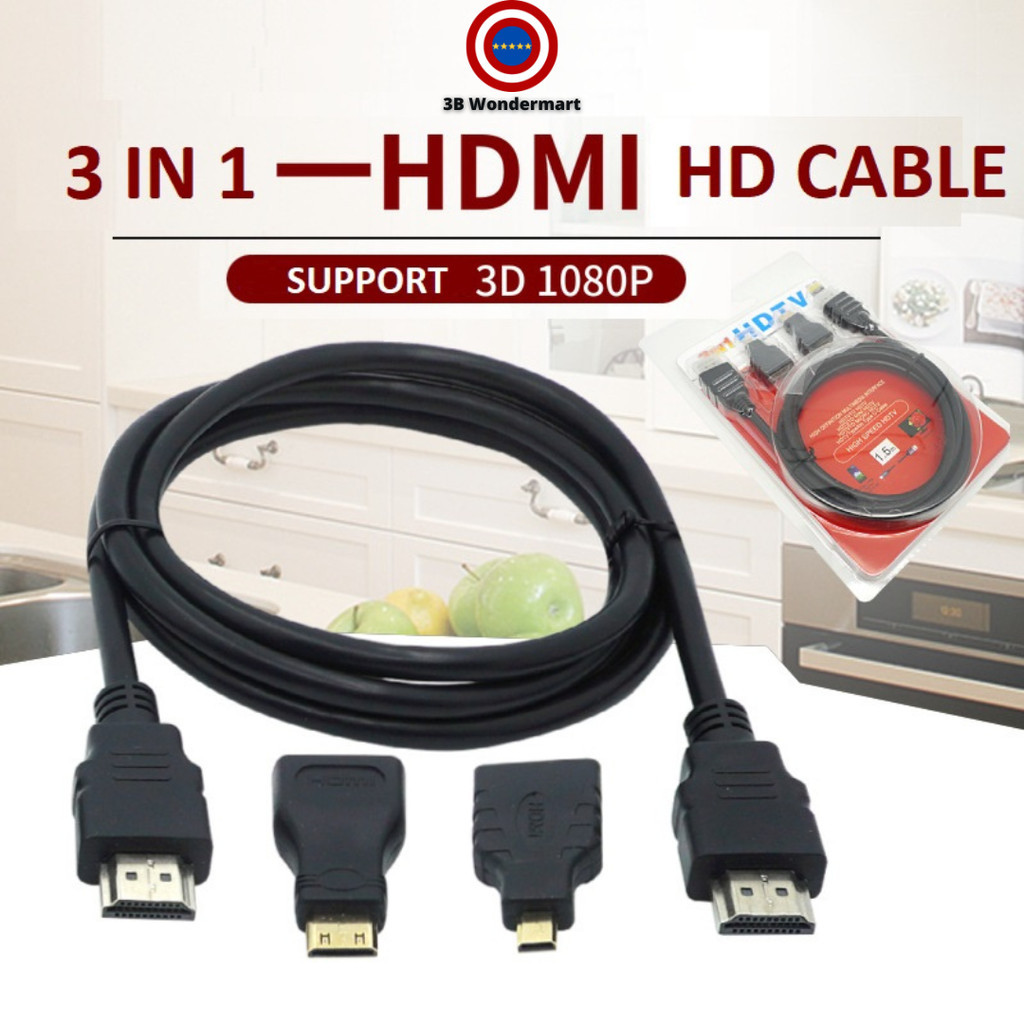 HDMI Cable 3 in 1 Male to Female HDTV Mini Micro 1.5M Cable High Speed ...