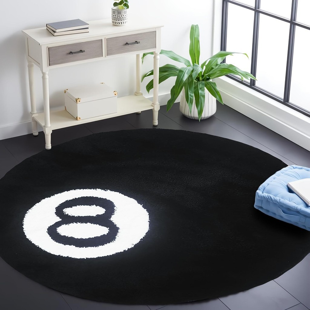 8 Ball Black Round Area Rugs, Soft Fluffy Black Patterned Carpet ...