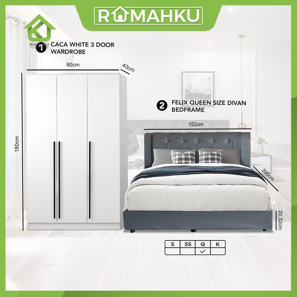 🔥FREE SHIPPING🔥RUMAHKU MIA_Queen Size Bed Frame + 3D Wardrobe/Divan Bed ...