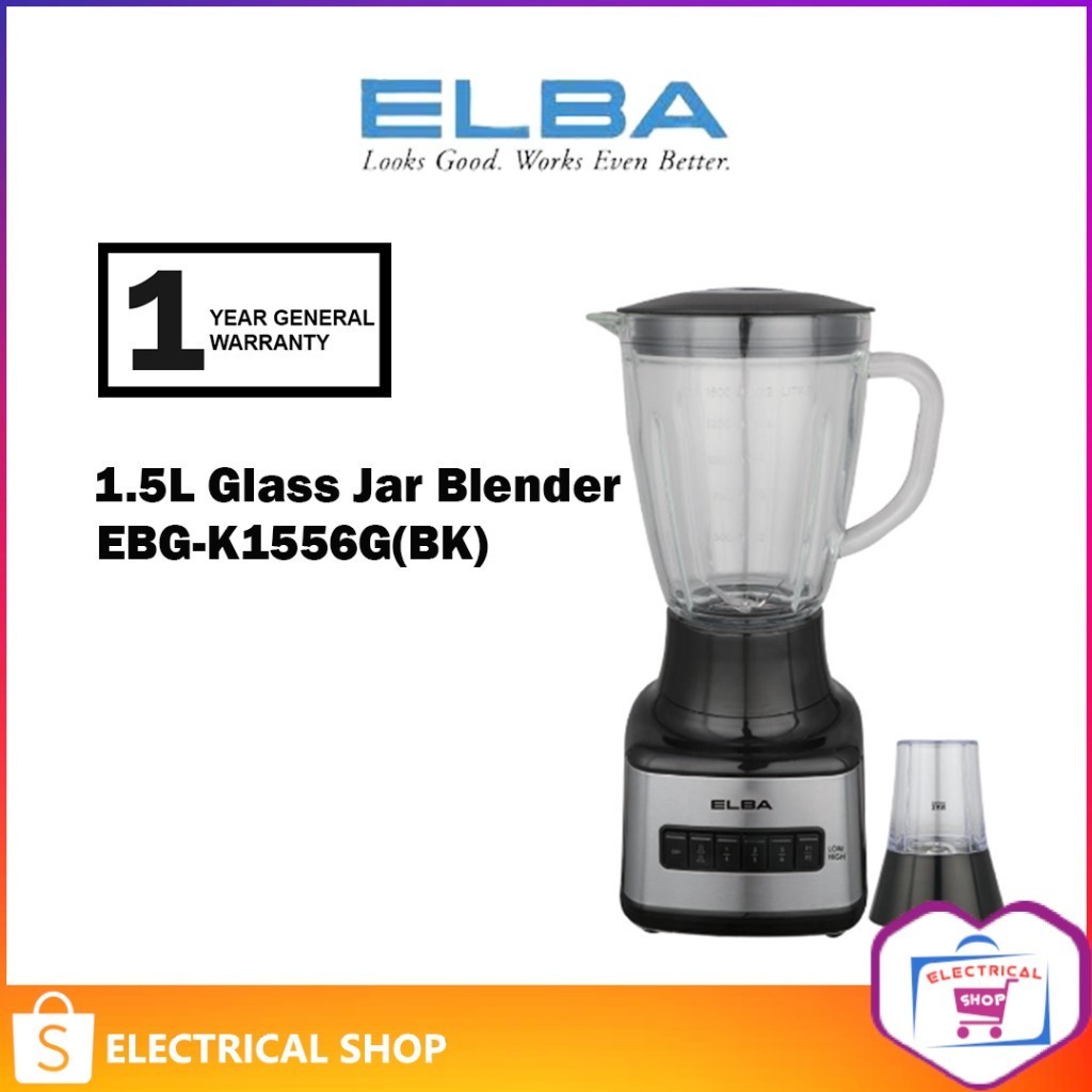 ELBA 1.5L Glass Jar Blender EBG-K1556G(BK) 6-speed with Pulse Function ...