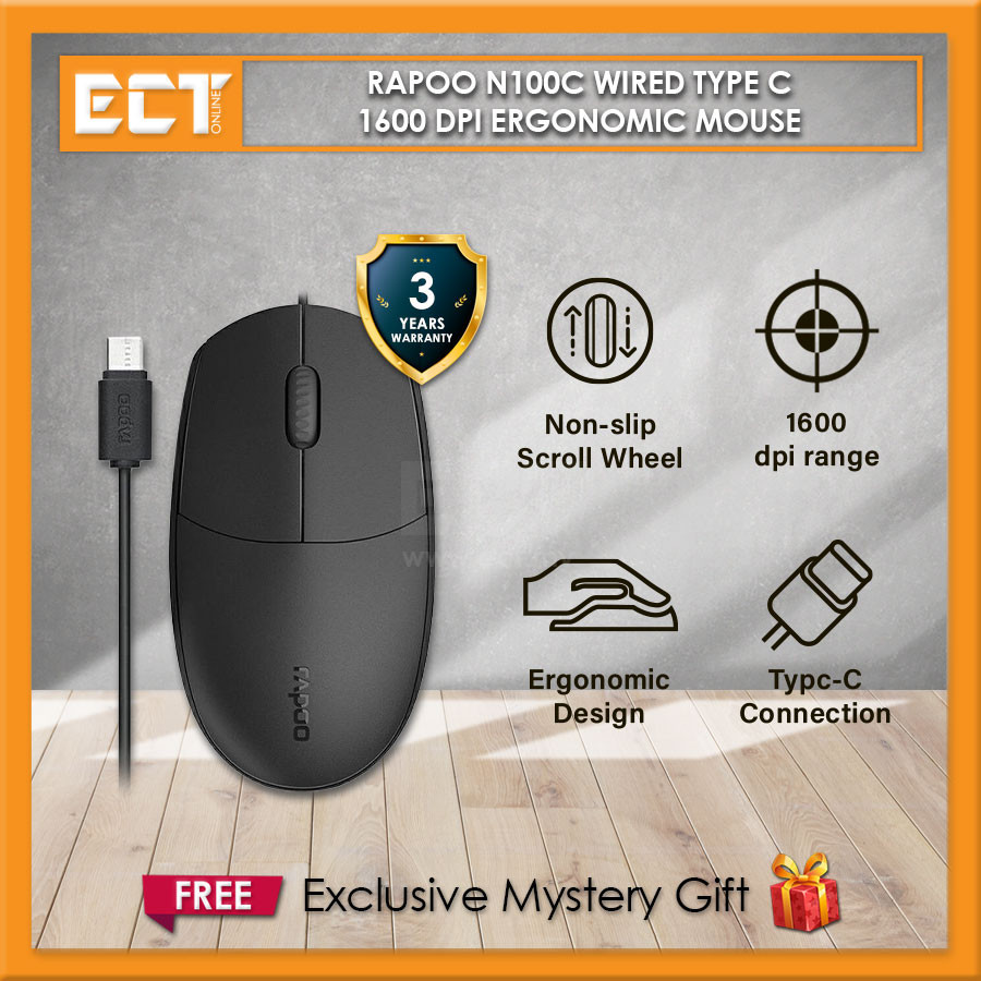 Rapoo N100C Wired Type C 1600 DPI Ergonomic Mouse | Shopee Malaysia