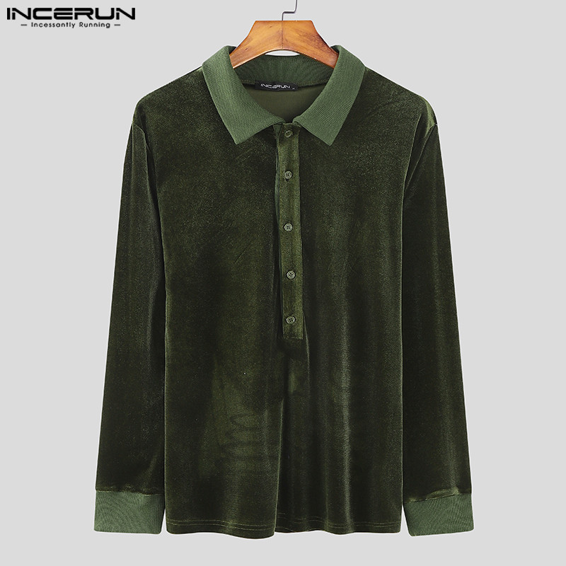 INCERUN Men's Korean Suede Shining Long Sleeve Shirt POLO Shirts ...