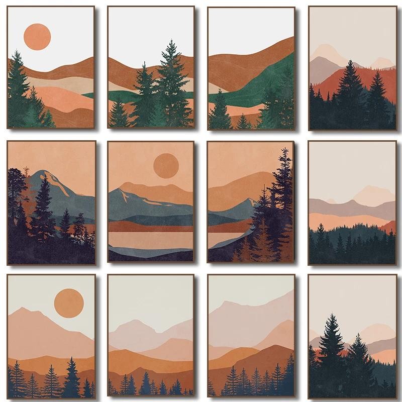 Poster Lanskap Gurun Gaya Mid-Century Modern: Gunung, Pokok, Kaktus ...