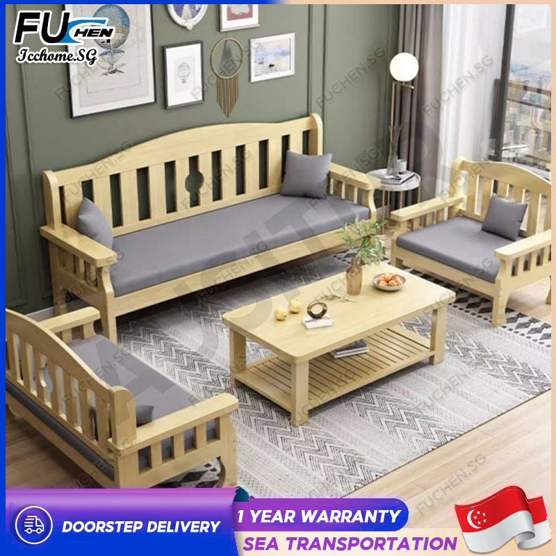 FUCHEN Wooden bench Solid Wood Sofa Stool Sofa Set Small Apartment Wooden Simple Three-Seat ...