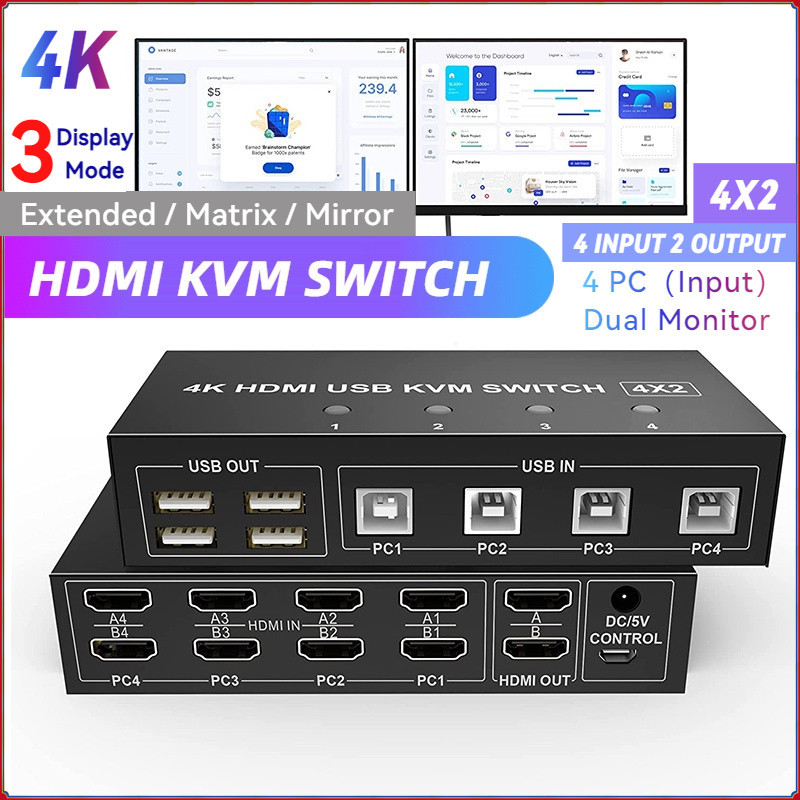 4 Port HDMI KVM Switch 4X2 Dual Monitor 4K@60Hz Extended Display USB ...