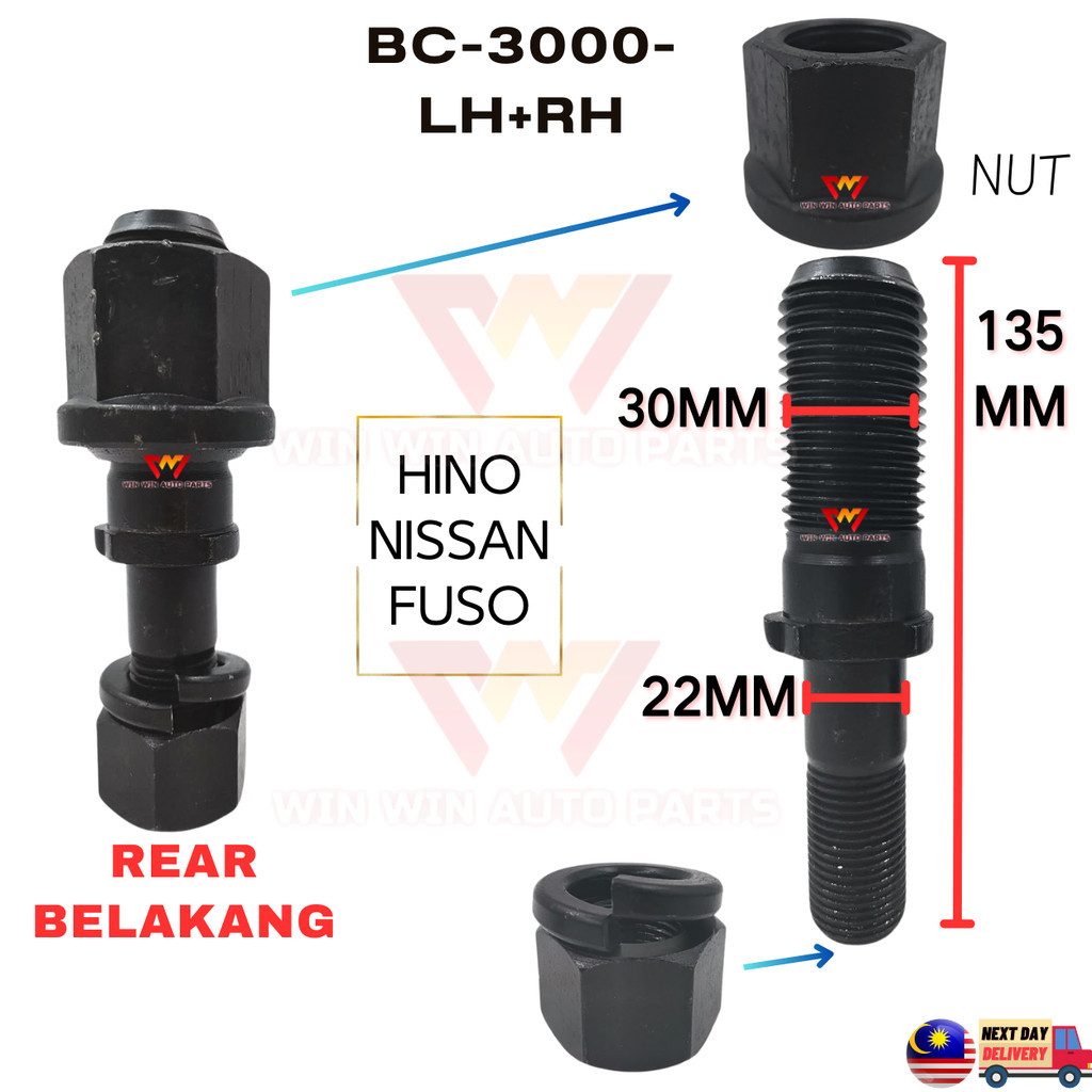 BC-3000-LH+RH Hino/ Nissan/ Fuso (Rear/Belakang) *30MM* Hub Bolt With ...