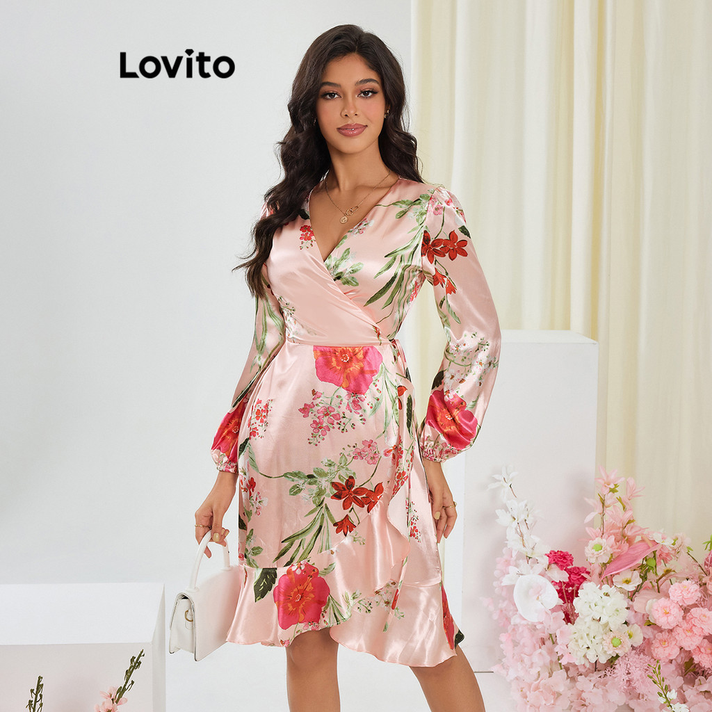 Lovito Romantic Floral Wrap Ruffle Hem Dress for Women LBL12172 Lovito ...