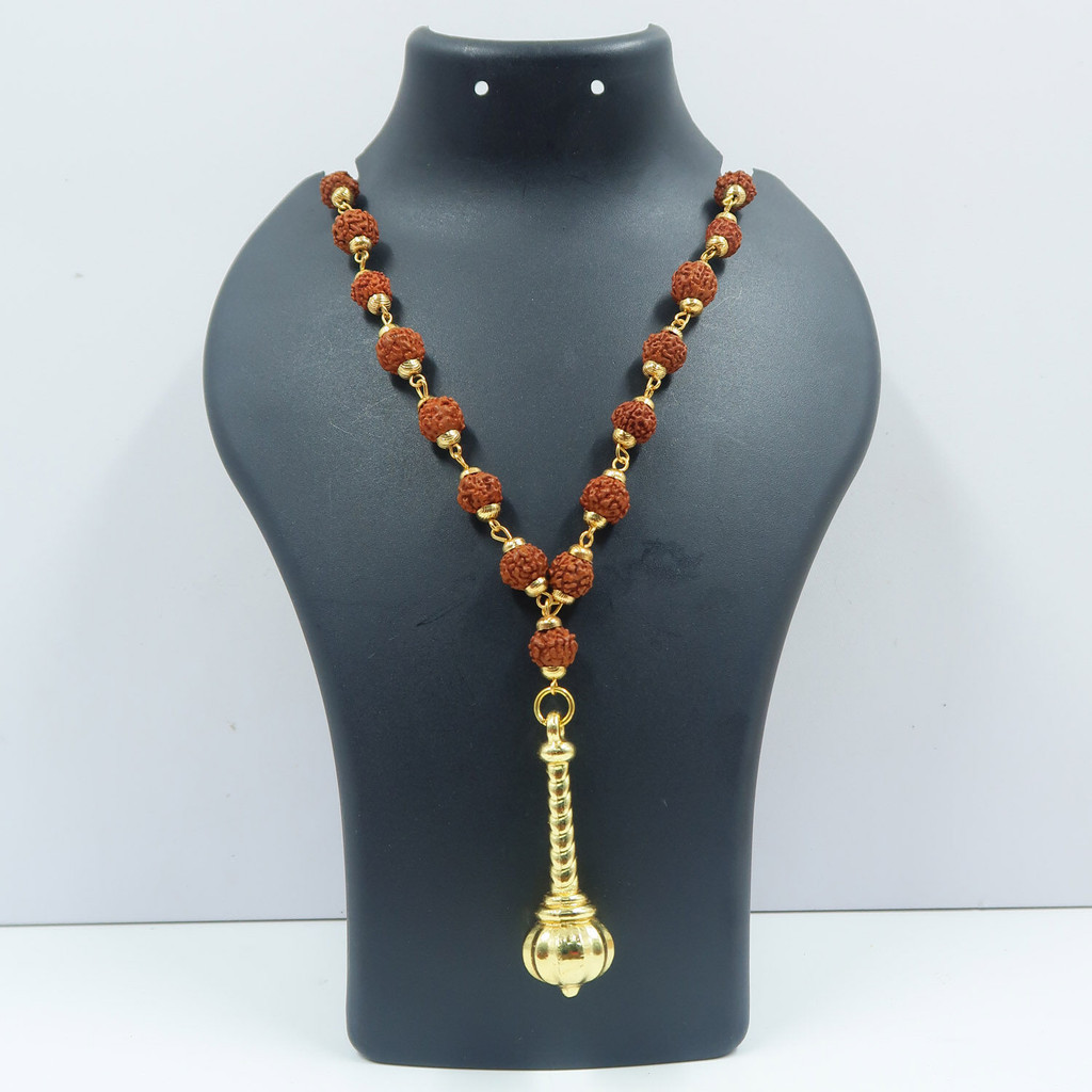 5 Face Rudraksha Mala / Malai with Golden Hanuman Gada Pendant ...