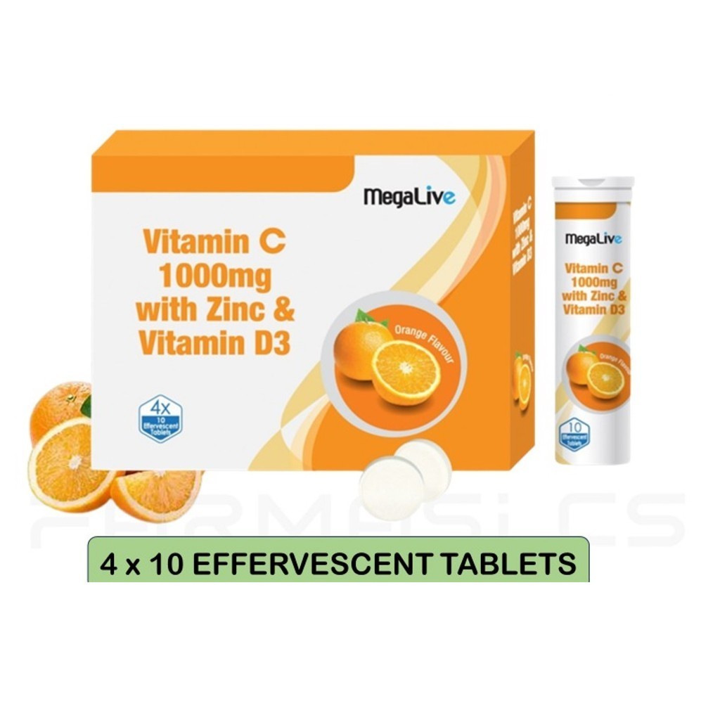 MegaLive Vitamin C 1000mg with Zinc & Vitamin D3 4 x 10 Efferevescent Tablets EXP:06/2026 ...