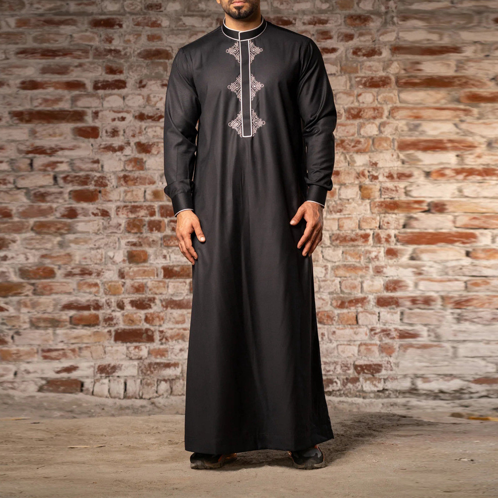 Men's Muslim Thobe Jubba Solid Color Embroidery Long Robes Traditional ...