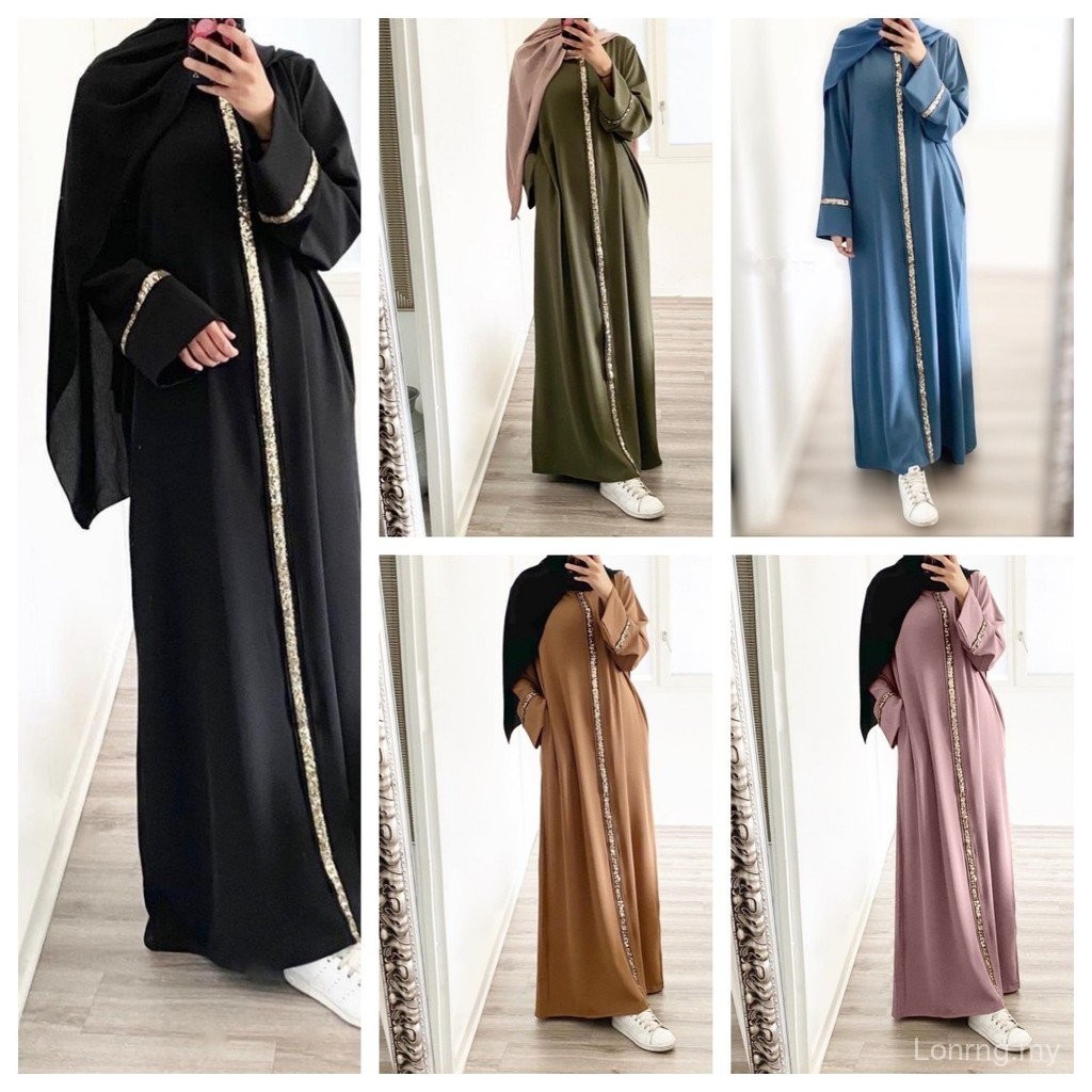 Muslim Women's Wear Robe Stitching Trim Sequins Dress Solid Color ...