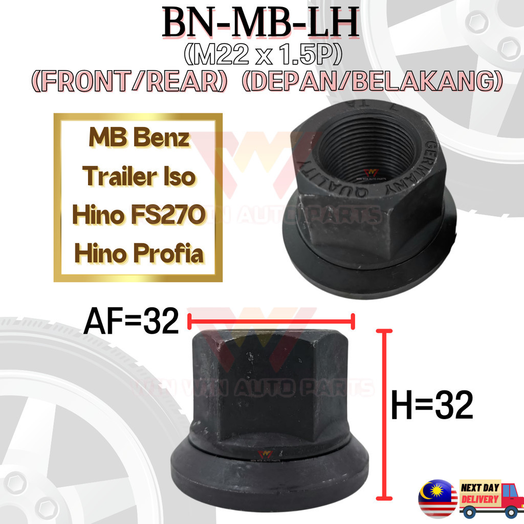 BN-MB-LH Mb Benz / Trailer Iso / Hino FZ270 / Profia Hub Bolt Nut Only ...
