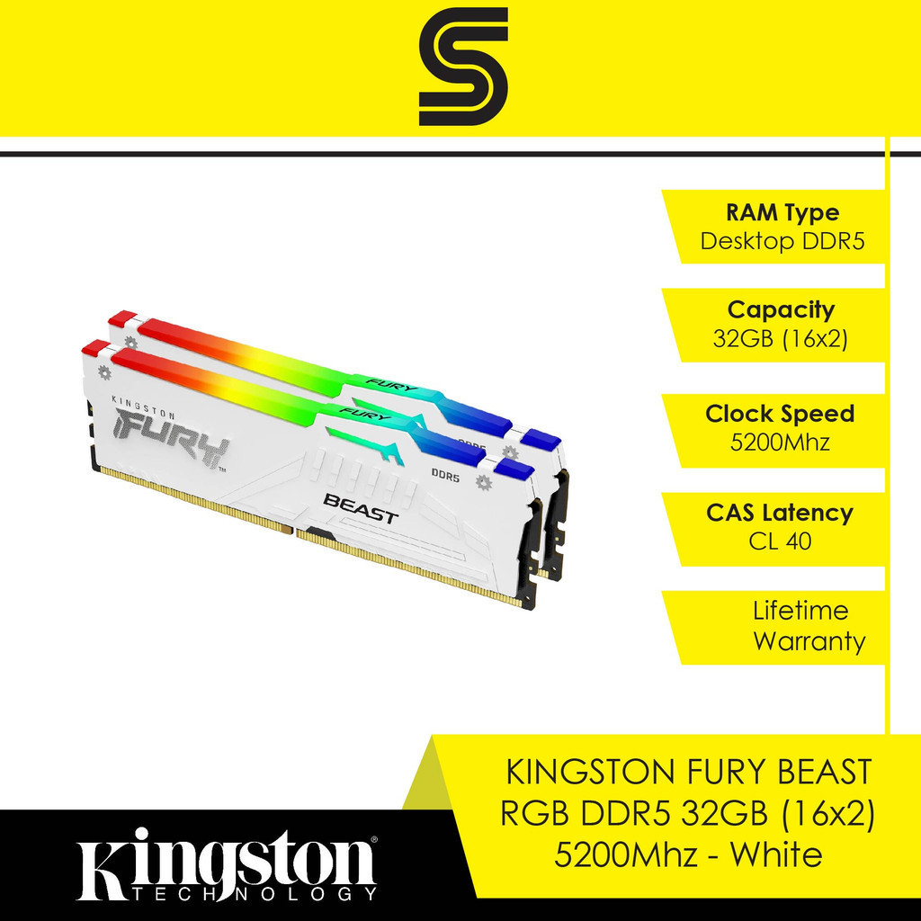 KINGSTON Fury Beast RGB DDR5 Desktop Memory 32GB (16x2) 5200Mhz White ...