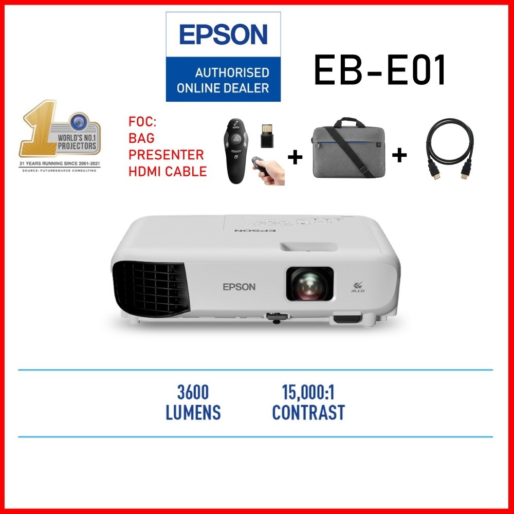 EPSON EB-E01 EB-E10 E01 XGA 3600 LUMENS 3LCD PROJECTOR, HDMI Cable, Wireless Presenter, EB E10 ...