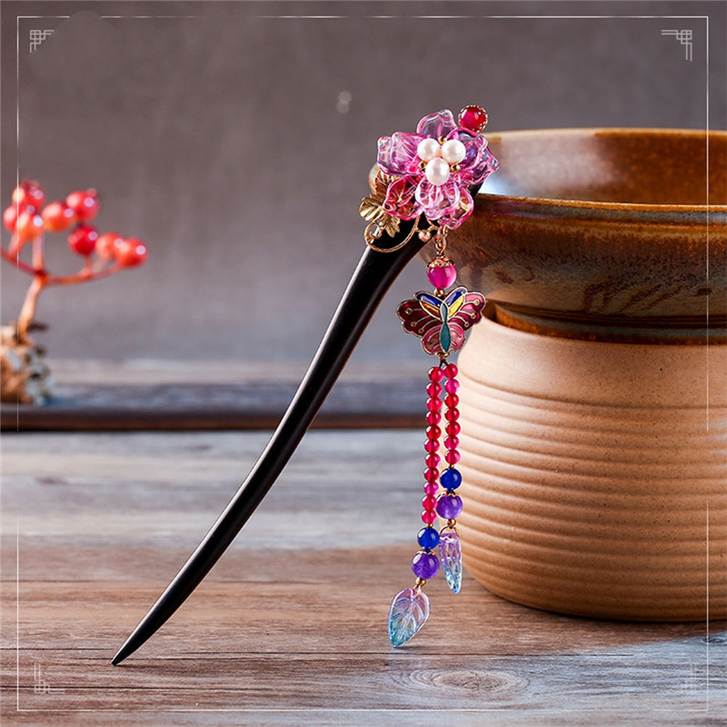 Ethnic Handmade Wood Pink Flower Hair Sticks Hair Jewelry Drop ...