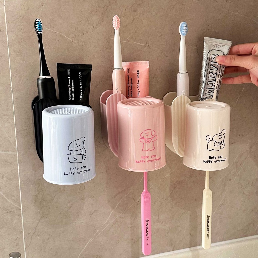 Toothbrush Rack Hanger Wall-Mounted Perforated Mouthwash Cup Storage ...