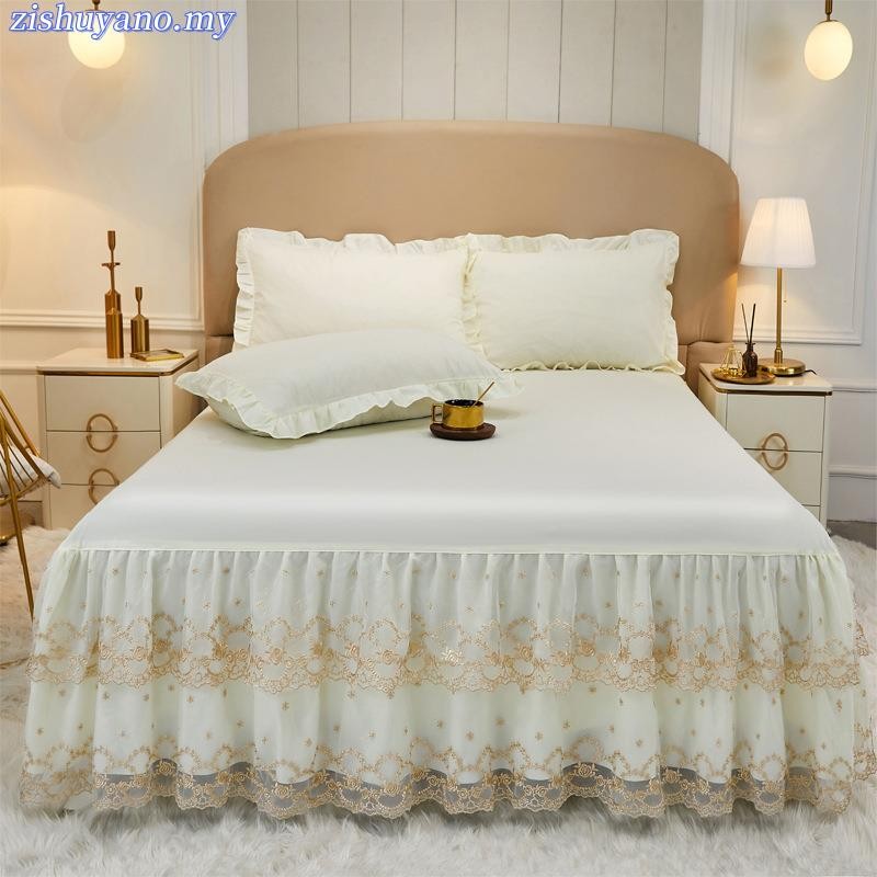 White Bed Sheet Cover with Lace skirting Princess Style Bed Skirt Pure ...