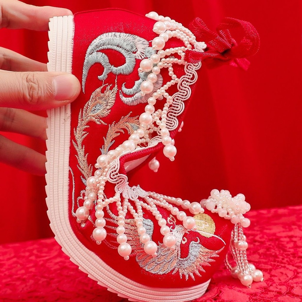 Fengxiang Flat Heel Tassel Ancient Style Xiuhe Wedding Shoes Hanfu ...