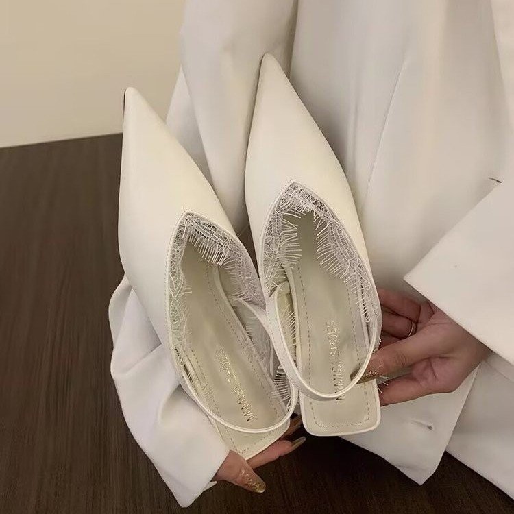 Pointed Toe Women Low Heel Shoes Slip-On Rubber Toe Stiletto Heel ...