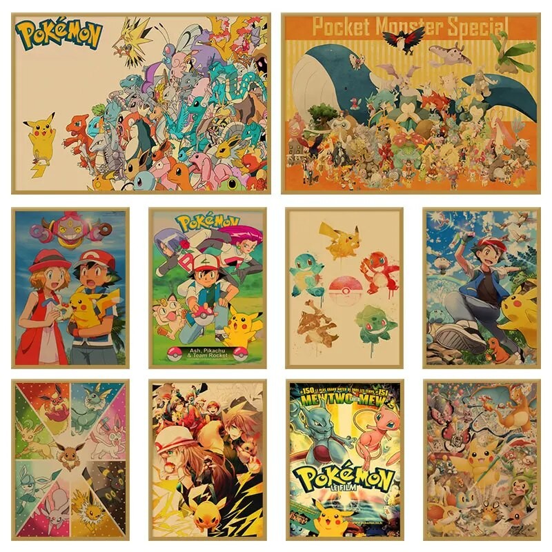 Poster Pokemon Vintage, semua watak, lukisan canvas Pikachu, anime ...