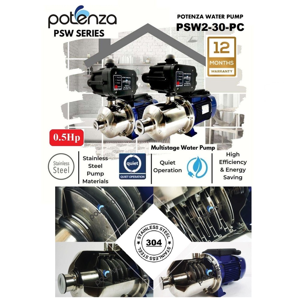 Potenza PSW-2-30 PC-Auto Multi-Stage S/Steel Domestic Pump 0.5Hp / 370W ...