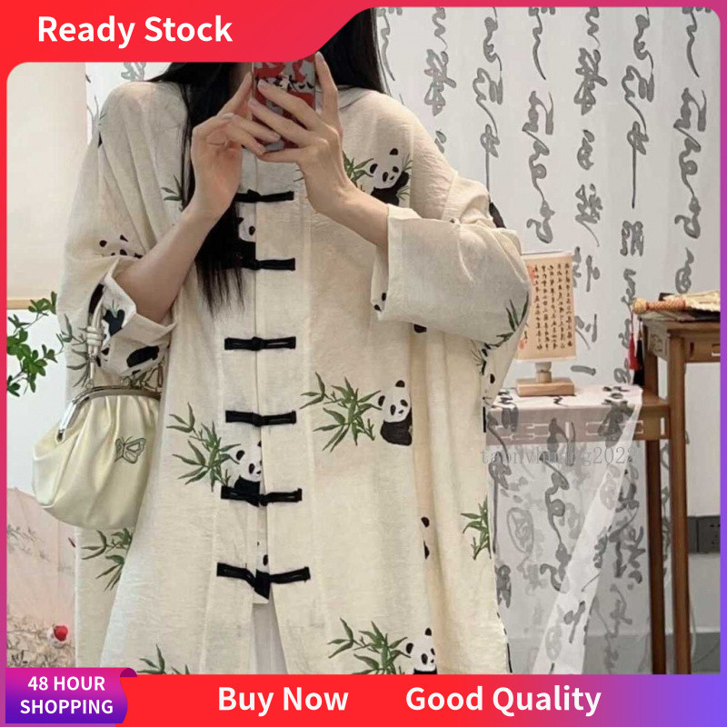 【Real stock】chinese style shirt disc button top medium long tea jacket ...