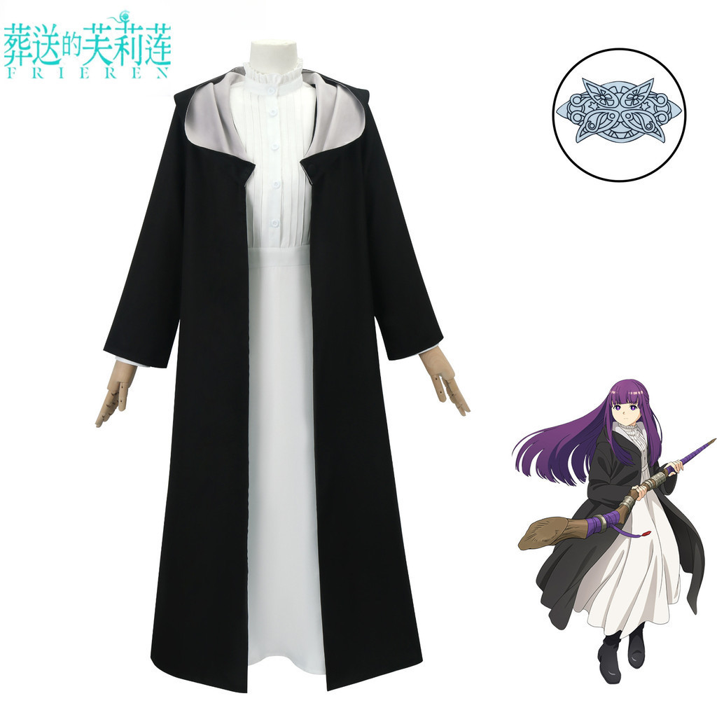 Magic Robe Elf Fern'S Black Long Coat And White Dress, Frieren At The ...