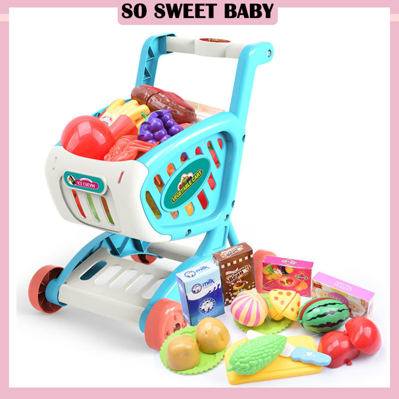 Kids Trolley Toy Mini Trolley Walker Shopping Cart with Fruit Vegetable ...