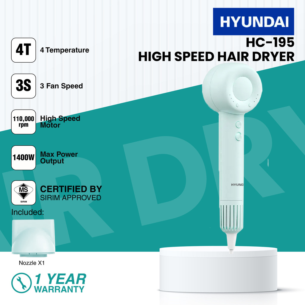 HYUNDAI HC-195 High Speed Hair Dryer 200 Million Nagative Ion Hair Care 110,000 Rpm 高速吹风筒 ...