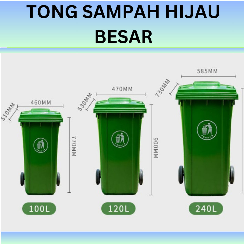 100L / 120L / 240L Large Green Trash Cans Heavy-Duty Outdoor Garbage Bins Wheels/ Tong Sampah ...