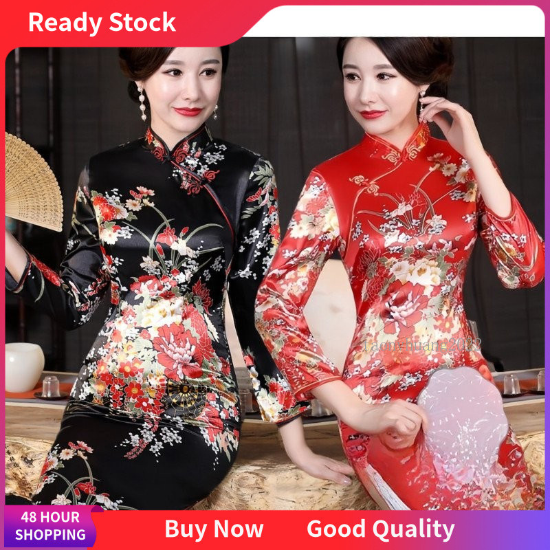 Cheongsam dress plus size flower long dress short/three-quarter sleeve ...