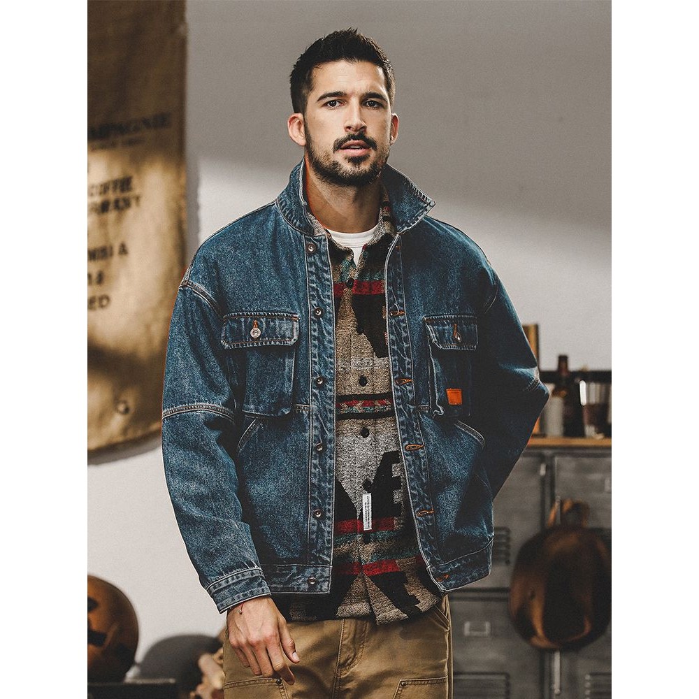 American Tooling Retro Heavy Denim Jacket Men Autumn Winter Style Tough ...