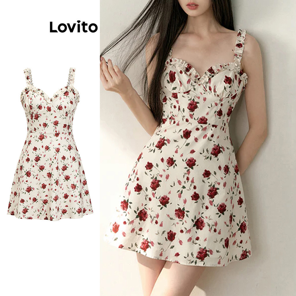 Lovito Vintage Ditsy Floral Ruffle Dress for Women L86ED221 Lovito Gaun ...