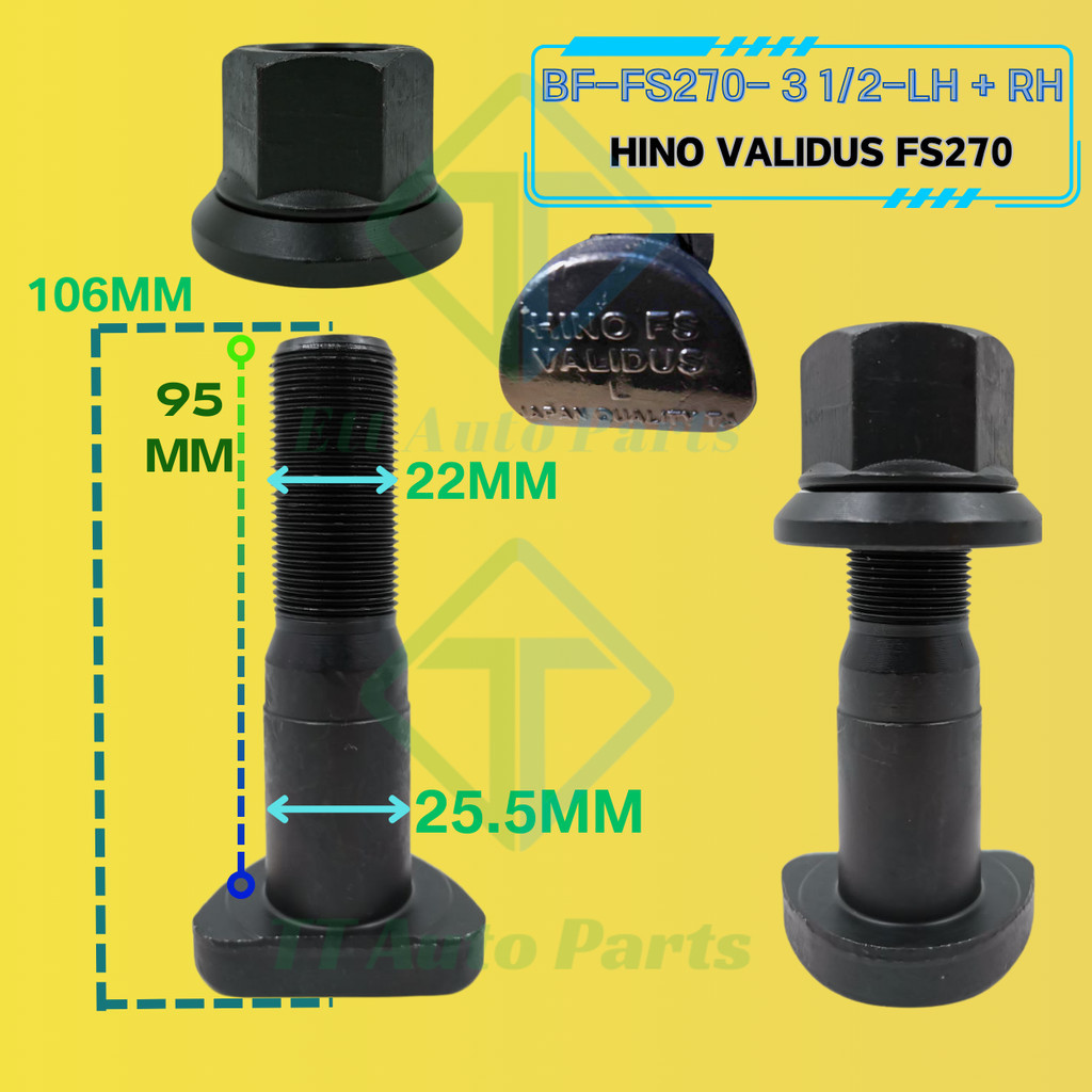 Hub Bolt With Nut / Hab Bolt Hitam (95mm) (Front/Depan) Hino Validus ...