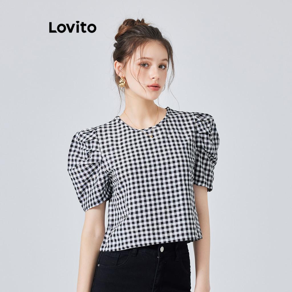 Lovito Elegant Plaid Pleated Blouse for Women L74ED110 Lovito Blus Lipit Plaid Elegan untuk ...