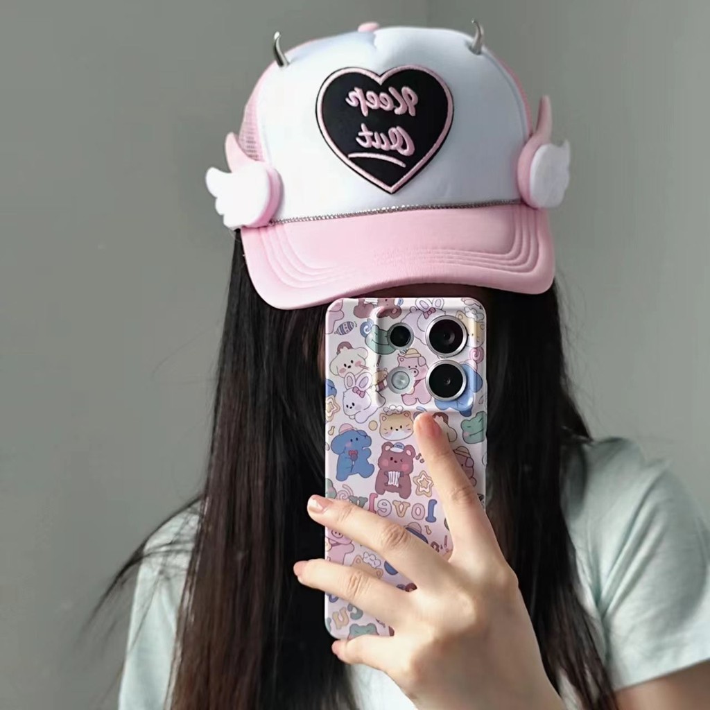 Pink Love Angel Devil Horn Baseball Cap Big Head Soft Top Cute Face ...