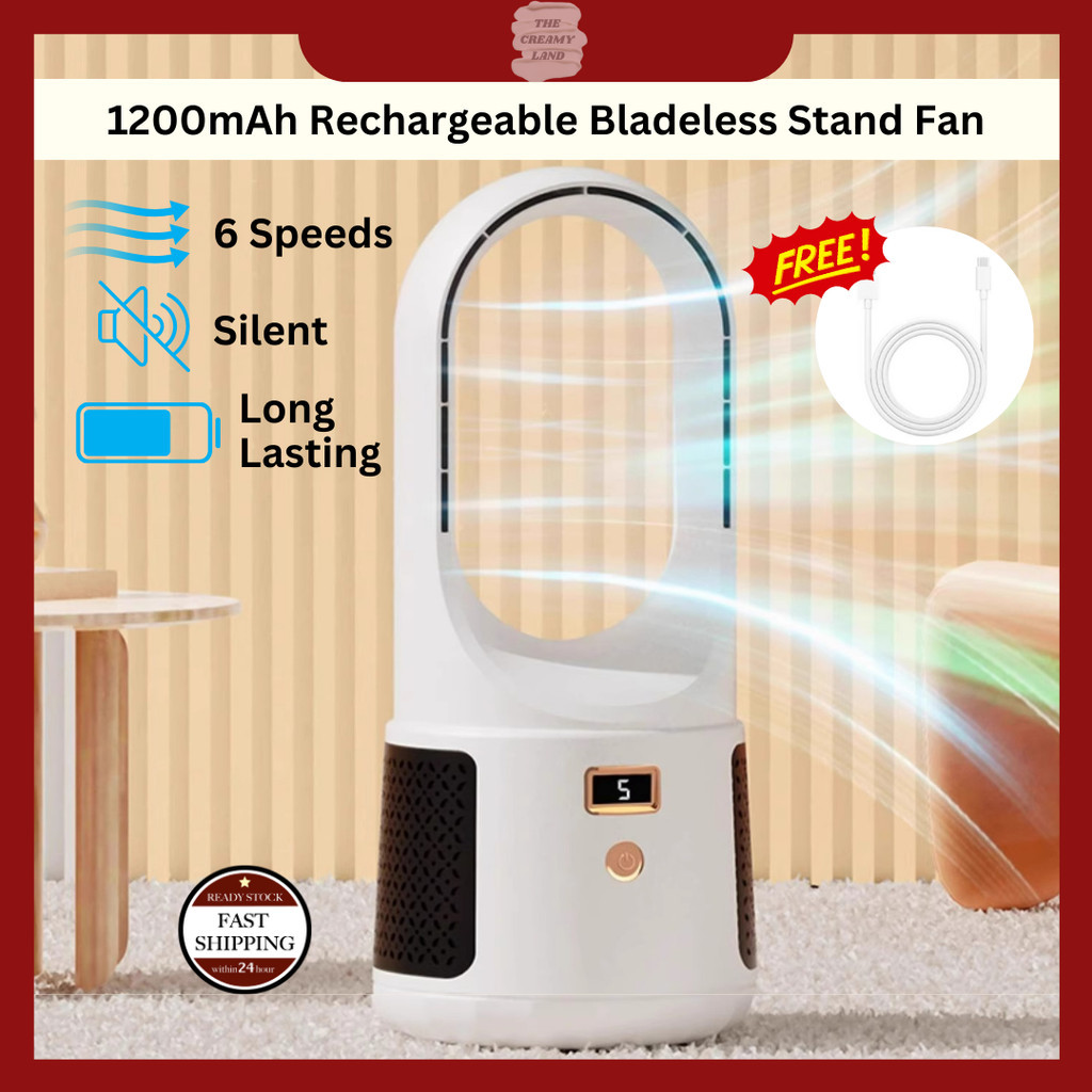 1200mAh Rechargeable Strong Wind Bladeless Stand Fan Table Fan Cooler ...